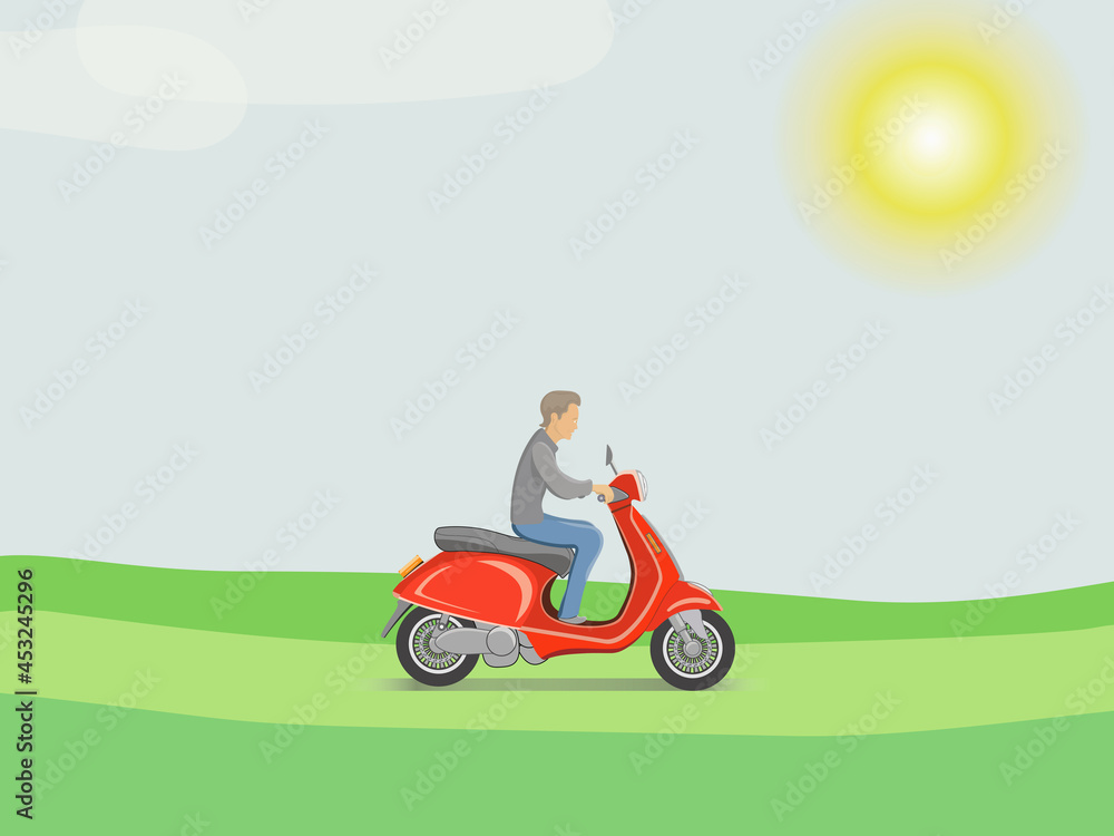 Vector illustration, a man riding a red moped. High detail. Green ...
