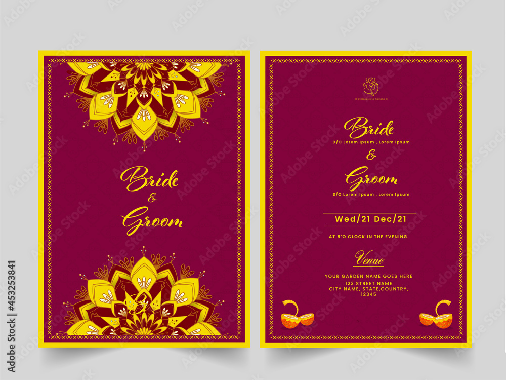 Wedding Invitation Card Or Template Layout With Event Details In Pink ...