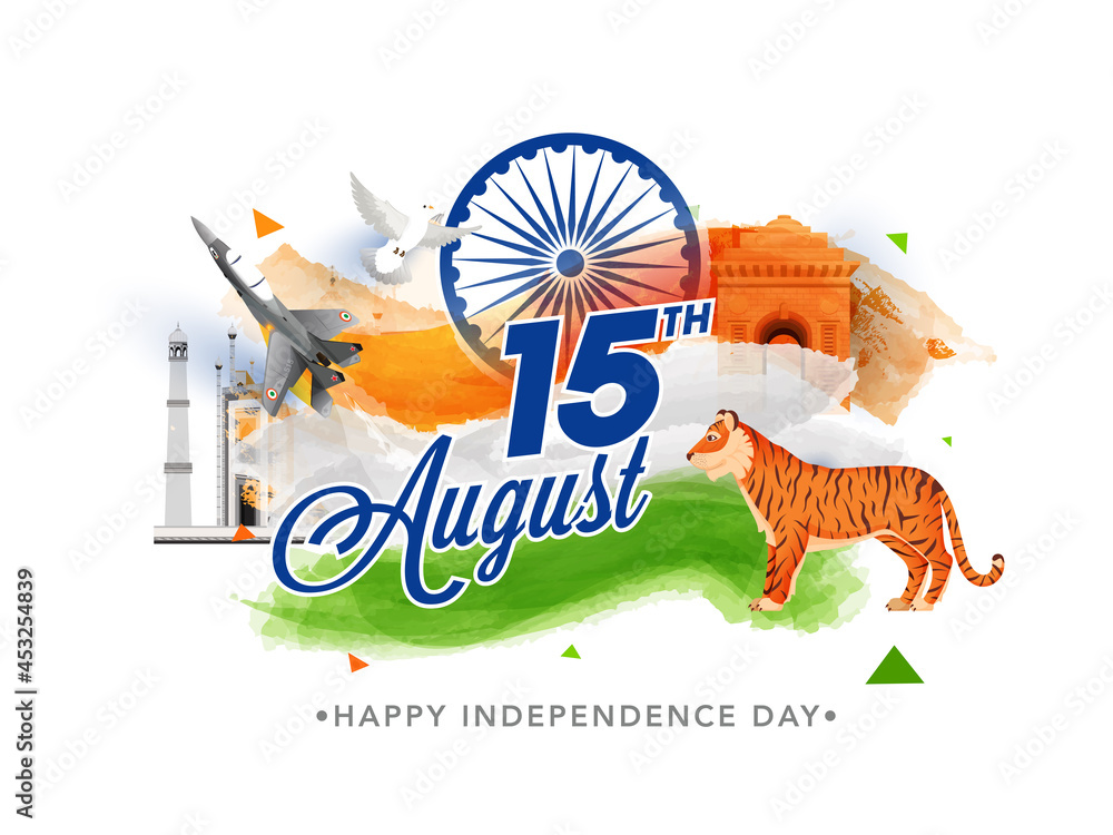 15th August Font With Tiger Animal, Fighter Jet, Dove Flying And ...