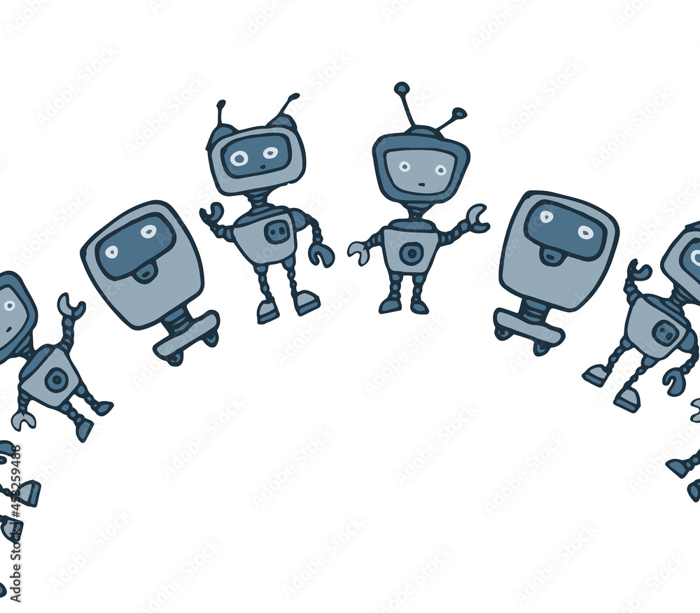 Vector pattern of robots in a flat oval line style with an empty space ...