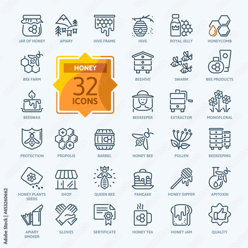 Vetor de Honey, Apiary, Beekeeping - thin line web icon set. Contains such Icons as Beekeeper ...