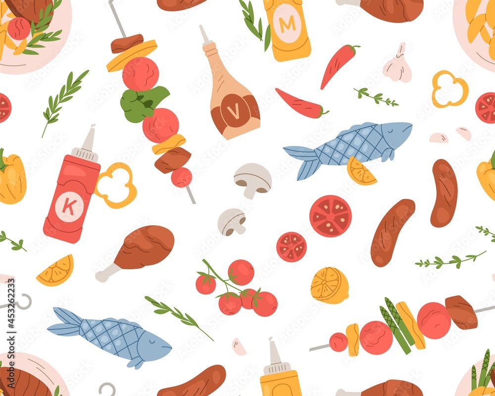 Seamless BBQ pattern with barbecue grilled food on white background ...