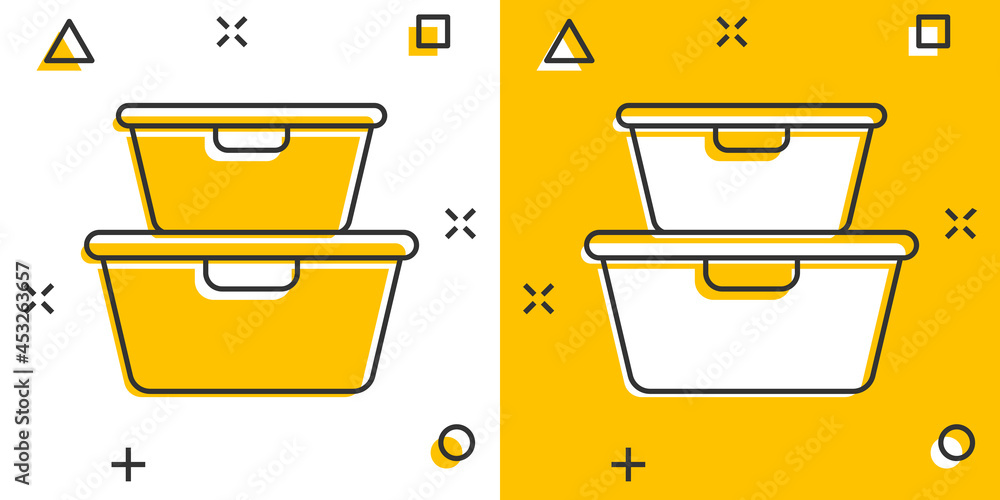 Food container icon in comic style. Kitchen bowl vector cartoon ...