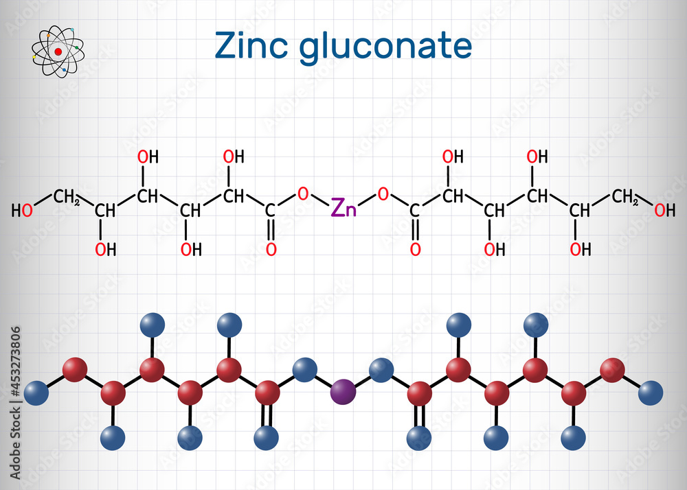 Zinc gluconate molecule. It is ionic compound, zinc salt of gluconic ...