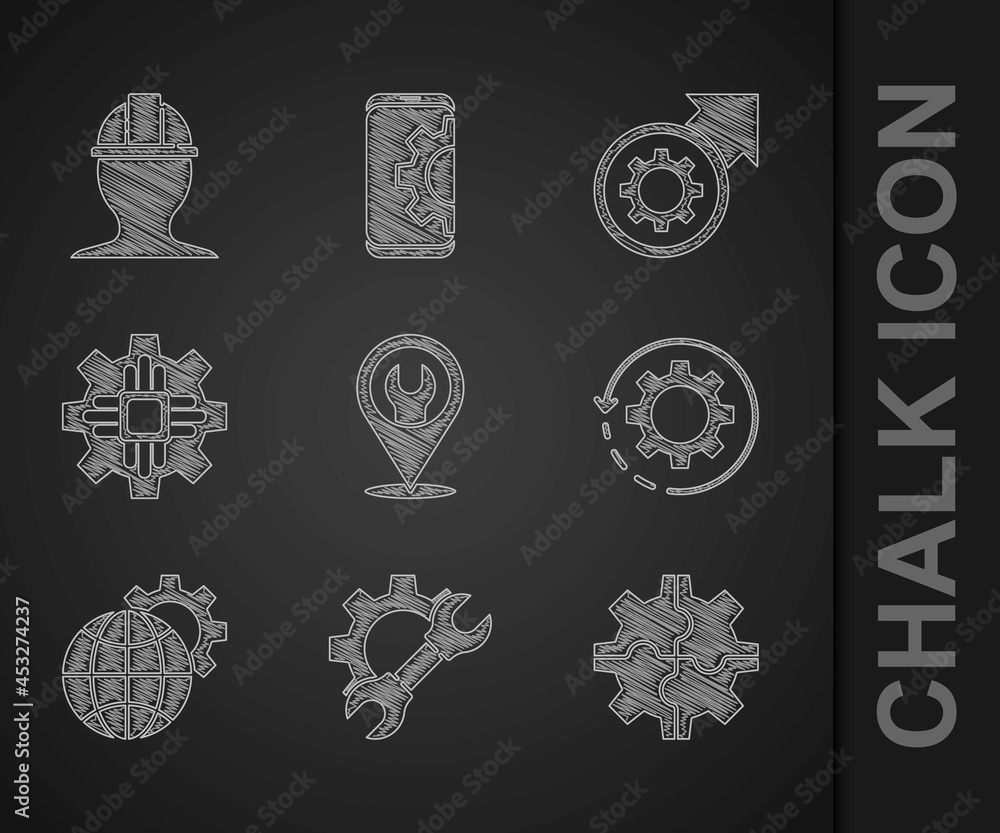 Set Location with wrench spanner, Wrench and gear, Gear, arrows as ... Set Location with wrench spanner, Wrench and gear, Gear, arrows as ...
