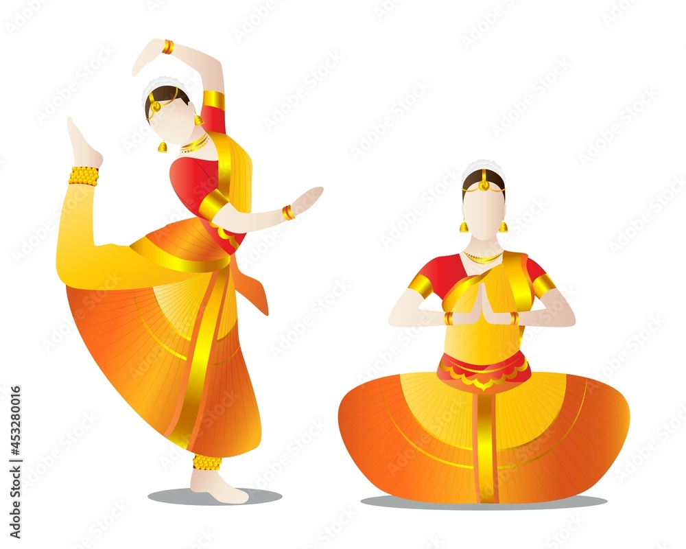 Indian women performing bharatnatyam dance in traditional dress vector ...