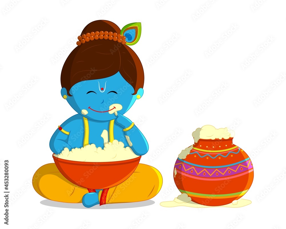 Cute happy krishna eating butter cartoon vector illustration. Stock ...