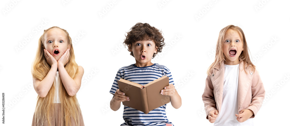 Collage of portraits of little and happy kids, preschool girls and boy ...