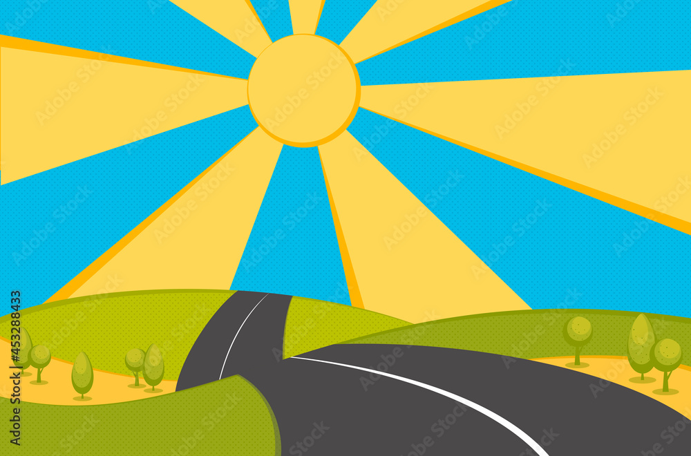 Road through fields and hills. Winding empty asphalt highway. Cartoon ...