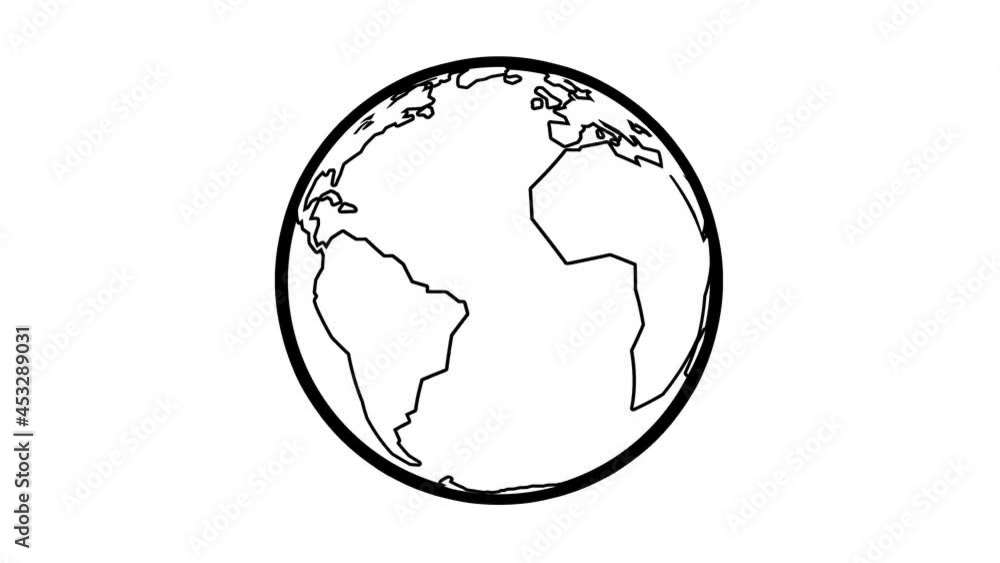 Earth cartoon 2d black and white with outline flat animation. Rotating ...