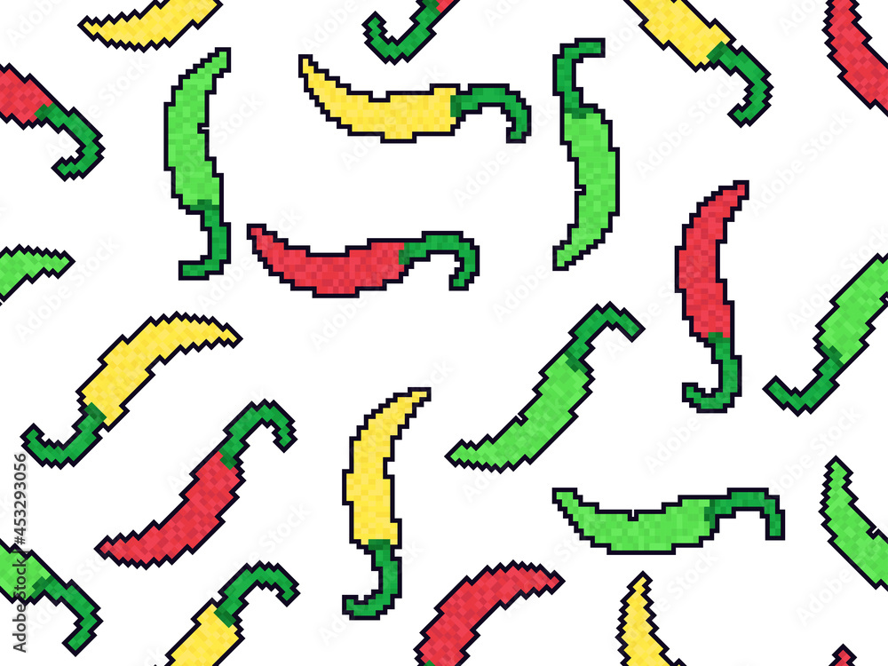 Hot chili peppers seamless pattern in style pixel art. Pixel chili ...