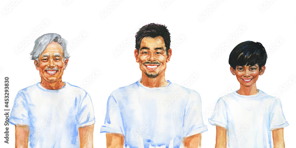 Painting smiling asian men and boy, father and son. Different ...