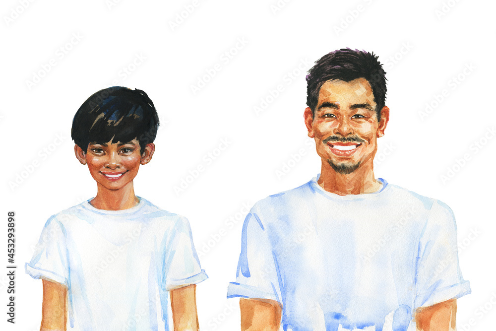Painting smiling asian man and boy, father and son. Hand drawn ...