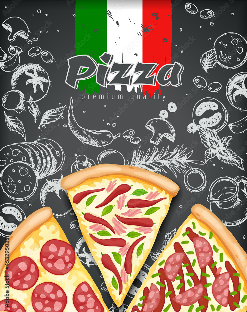 Color pizza poster. Savoury pizza ads with 3d illustration rich ...