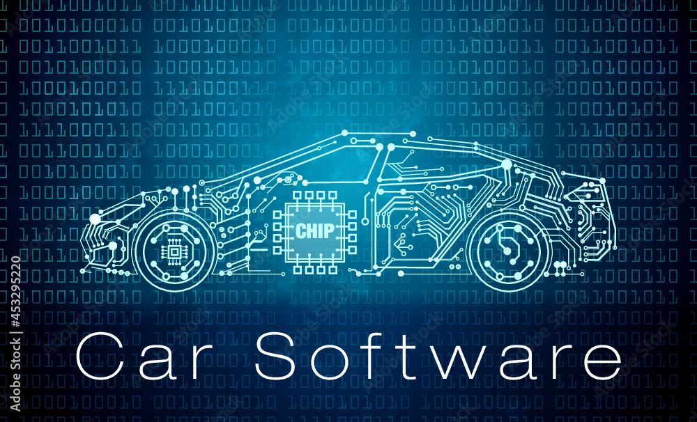 Illustration of a modern car with a new software operation system ...