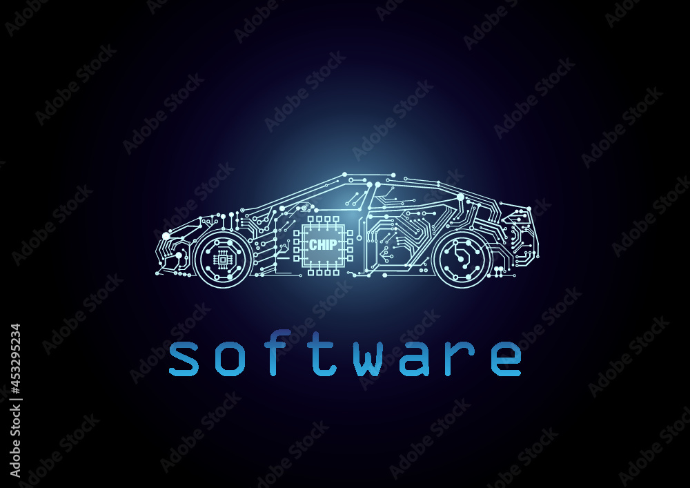 Illustration of a modern car with a new software operation system Stock ...