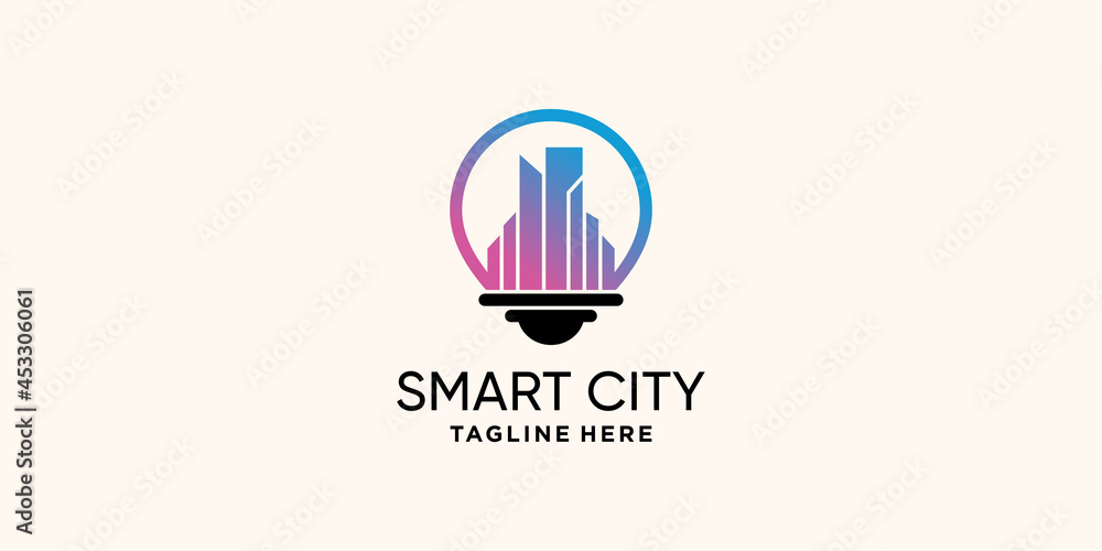 Smart city logo design for technology construction with light bulb ...