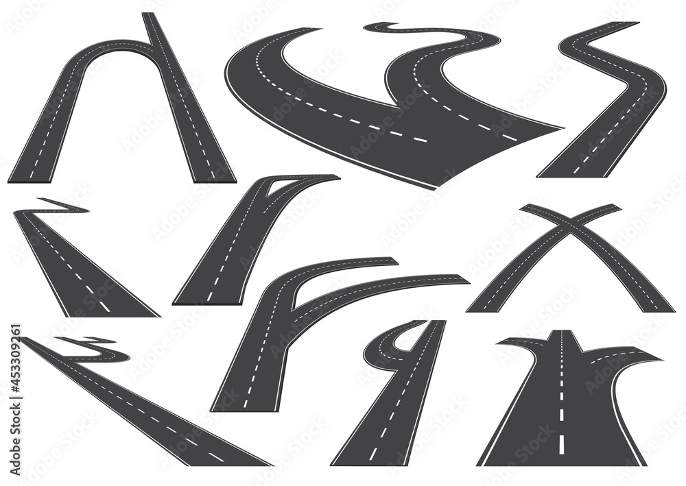 Bending roads, high ways or roadways. Collection of winding road design ...