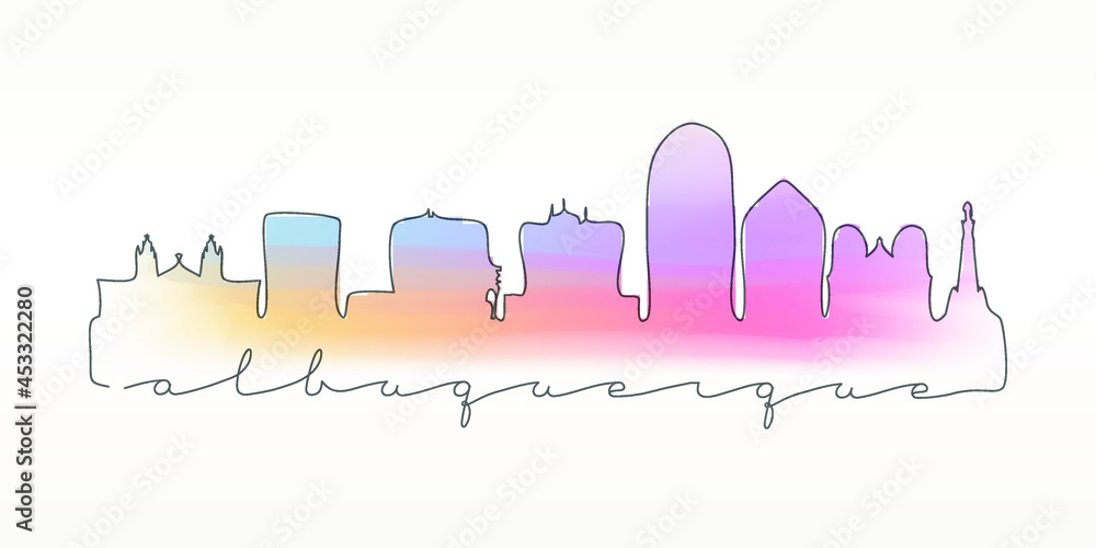 Albuquerque, NM, USA Skyline Watercolor City Illustration. Famous ...