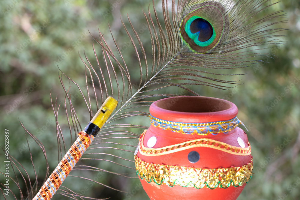 krishna pot with Flute and peacock feather. Krishnastami Special ...