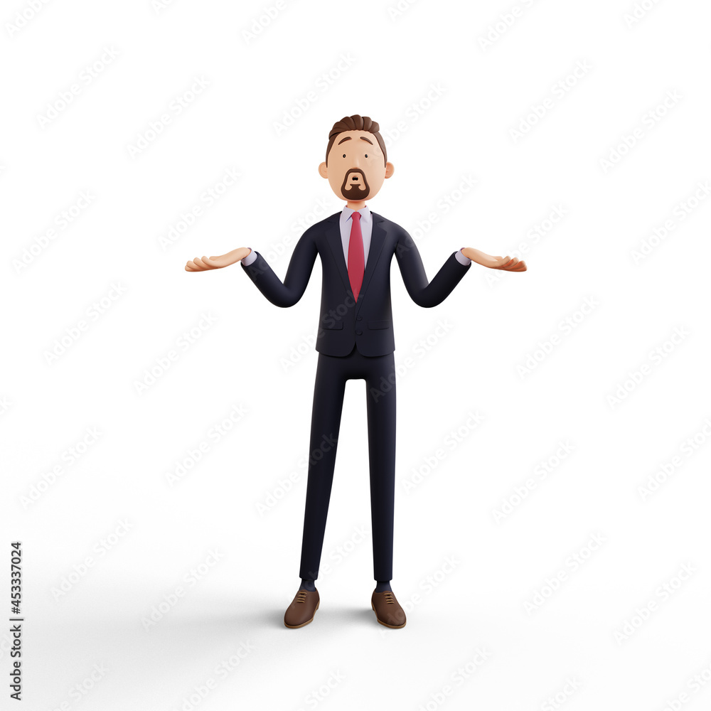 3d business man character render on don't know pose in white background ...
