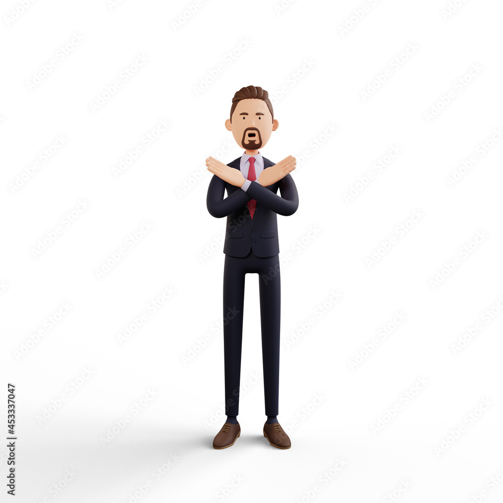 3d business man character render on rejecting pose in white background ...