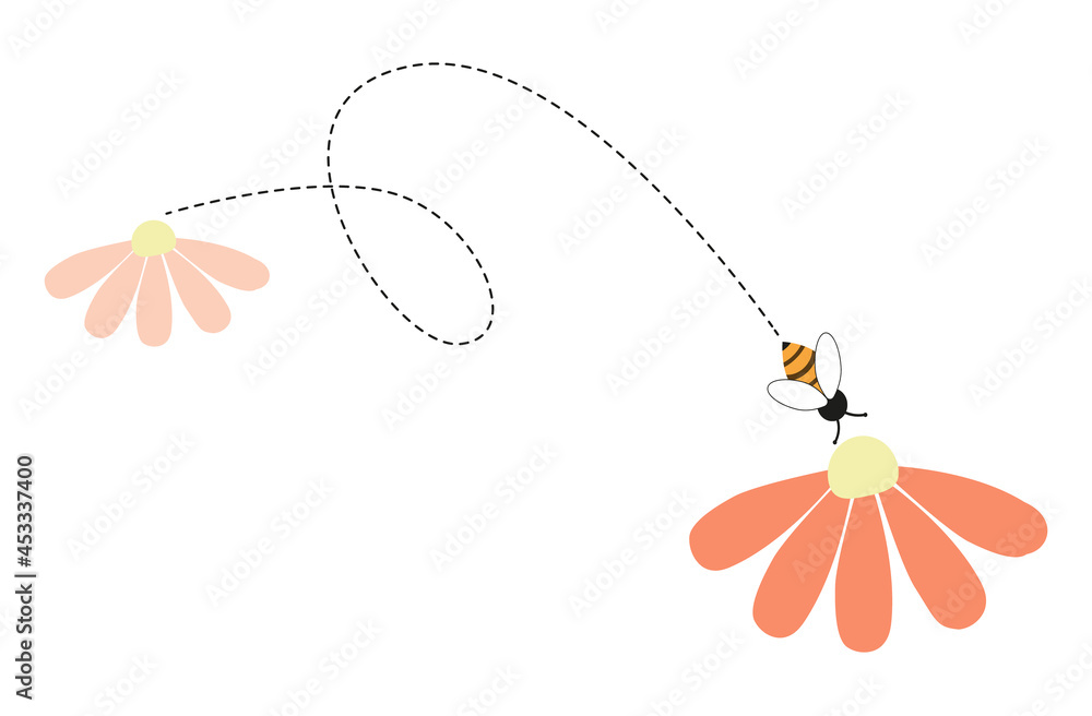 Flight of a bee or a wasp. Insect trajectory flight path with dotted ...