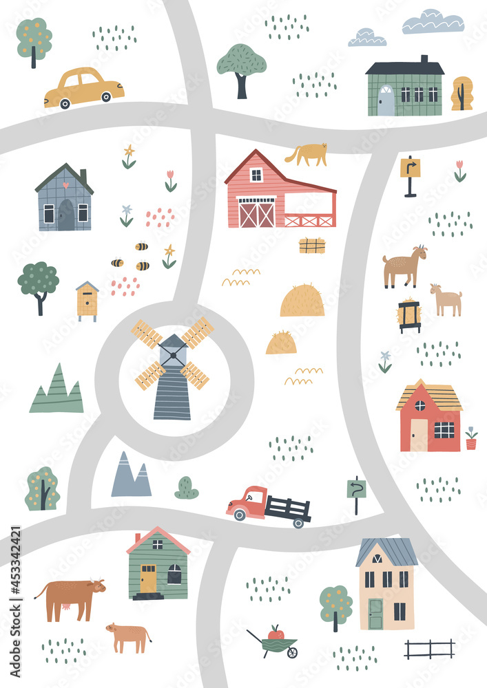 Fototapeta dla chłopca Cute village map with houses and animals. Hand ... Fototapeta dla chłopca Cute village map with houses and animals. Hand ...