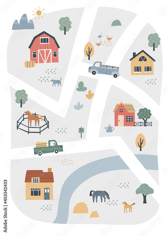 Cute village map with houses and animals. Hand drawn vector ...