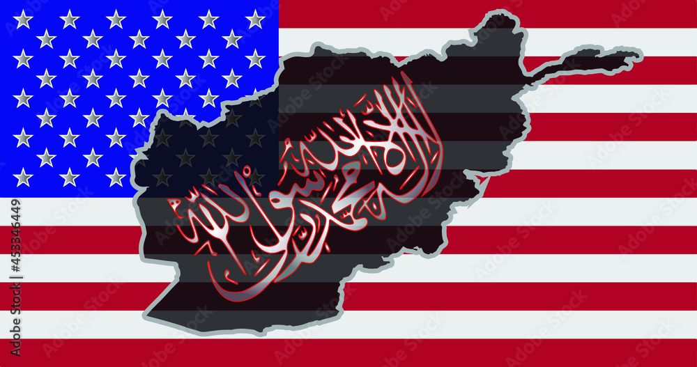 An outline map of Afghanistan and Taliban insignia gainst the ...