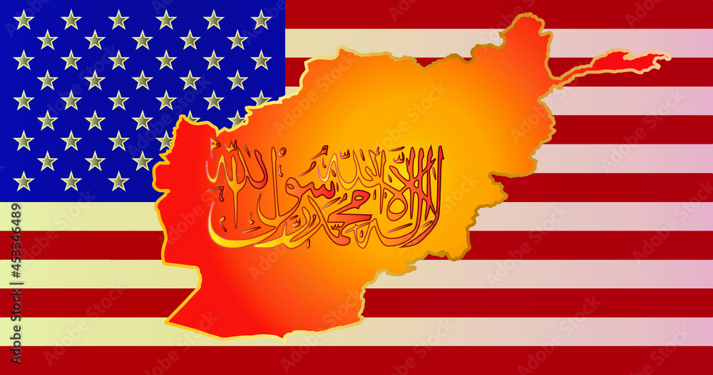 An outline map of Afghanistan and Taliban insignia gainst the ...