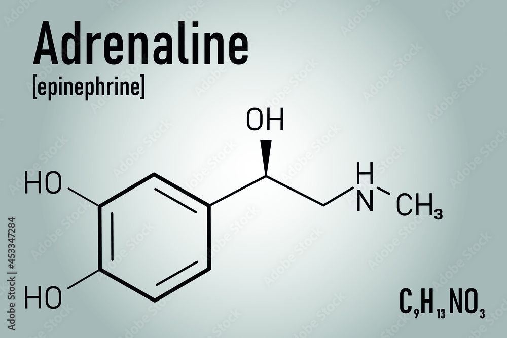 Adrenaline (adrenalin, epinephrine) neurotransmitter molecule. Used as ...