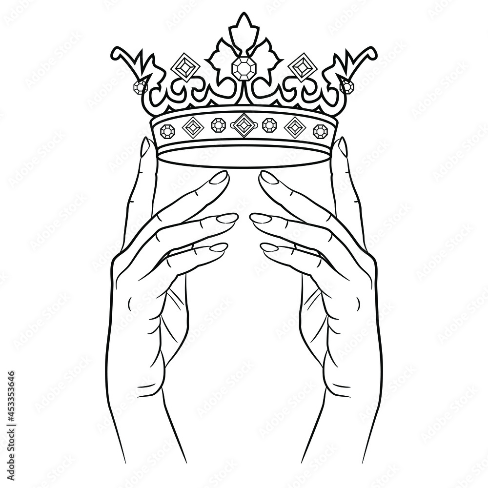 Two beautiful female hands holding royal crown adorned with gems ...
