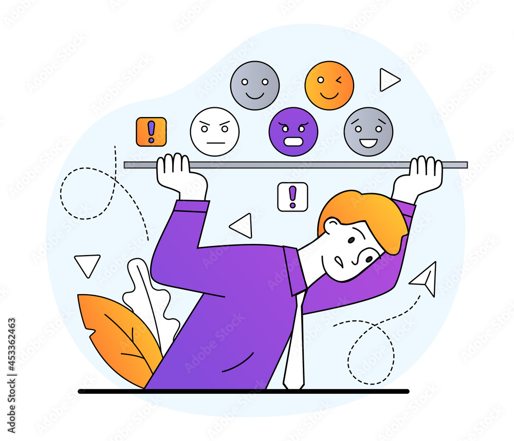 Mood swing concept. Man experiences emotional pressure and tension work ...