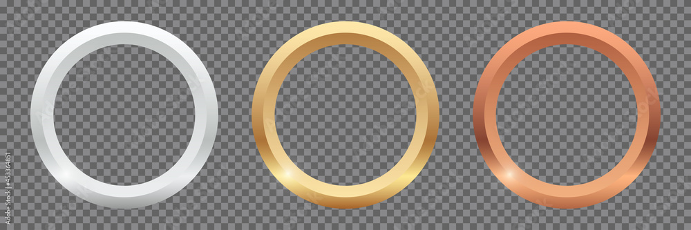 Golden, silver, bronze round frames isolated on transparent background ...