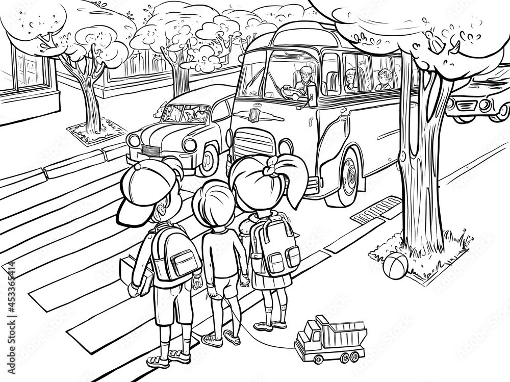 City roadway with car and bus standing at traffic lights, children with ...