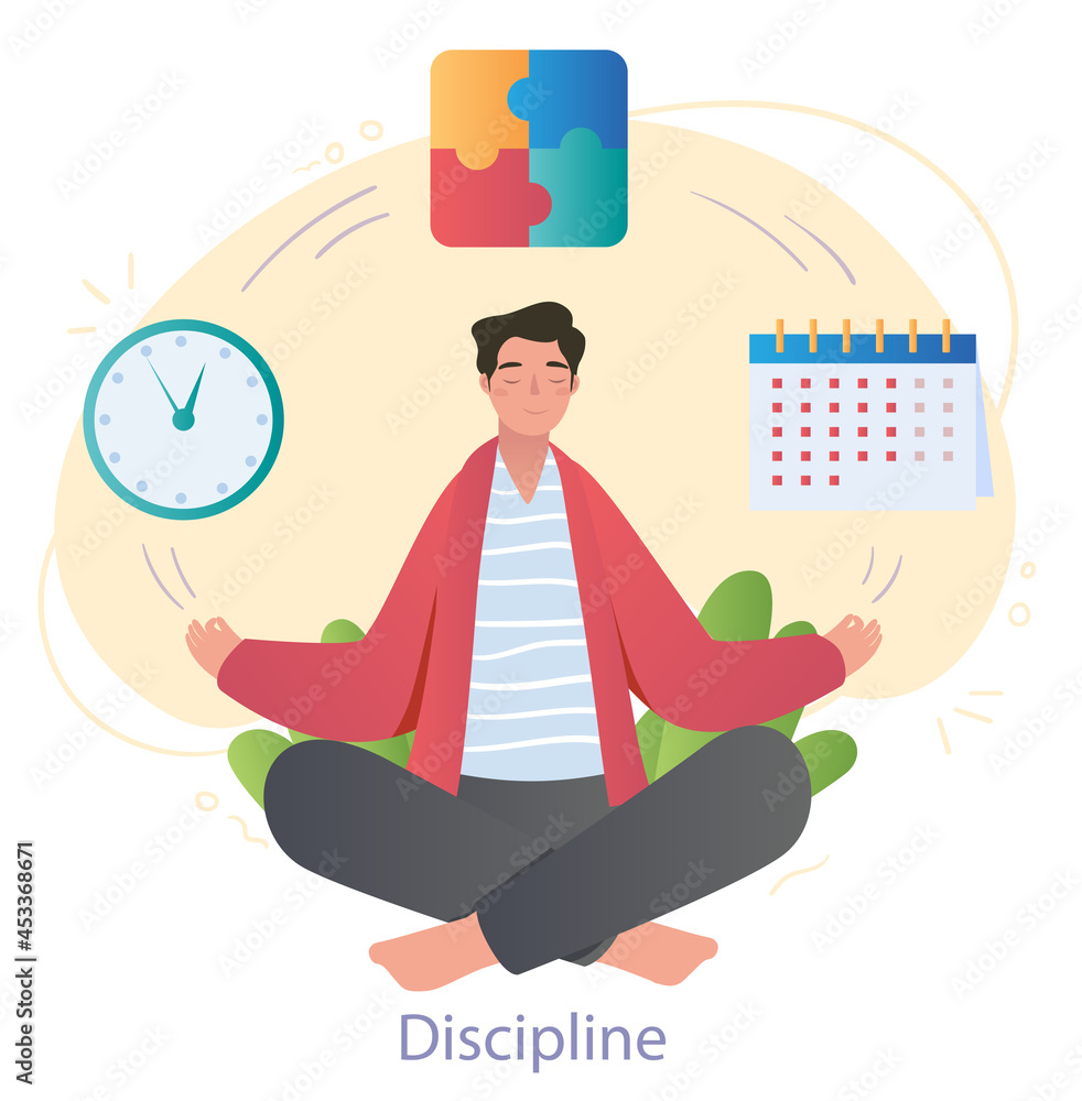 Mindful male character is sitting in lotus position showing his ...