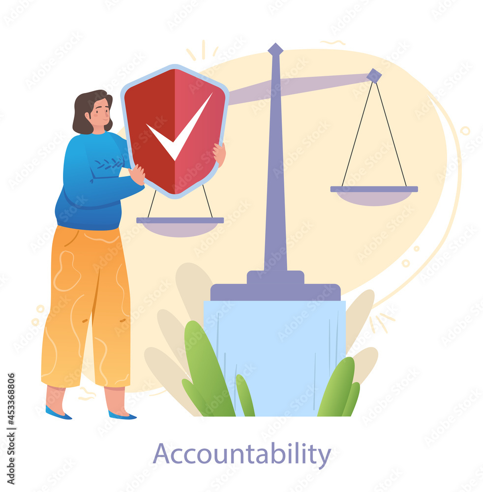 Cheerful female character is holding a shield on scales to show her ...