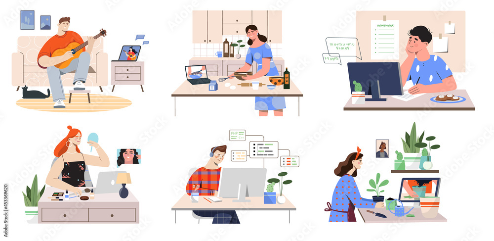 Set with male and female characters learning new skills via online ...