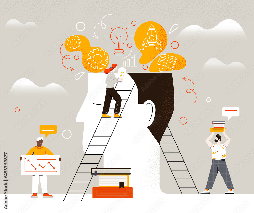 Male and female characters putting light bulb, books and rocket booster ...