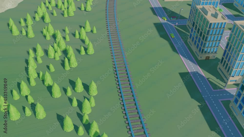 flyby of the camera over a stylized model of a three-dimensional city ...