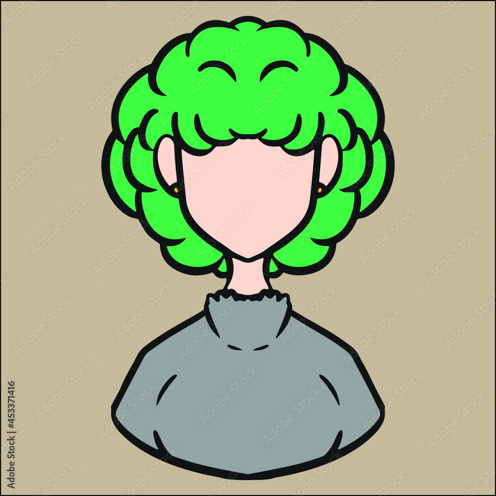 Girl with green afro hairstyle, inspired by broccoli shape. Editable ...