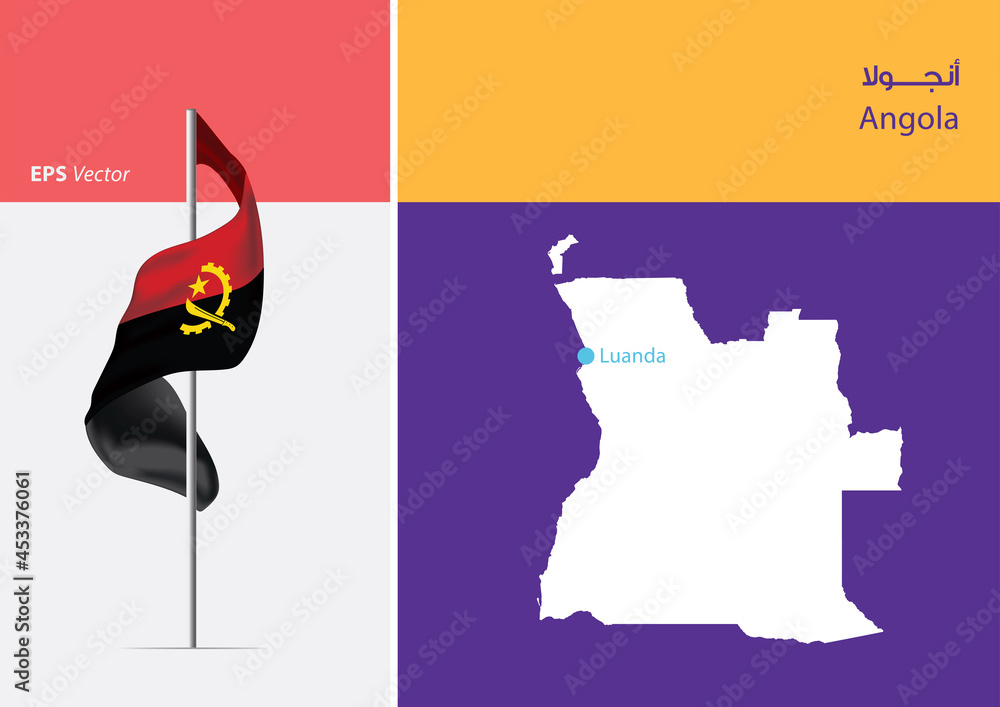 Flag of Angola on white background. Map of Angola with Capital position ...
