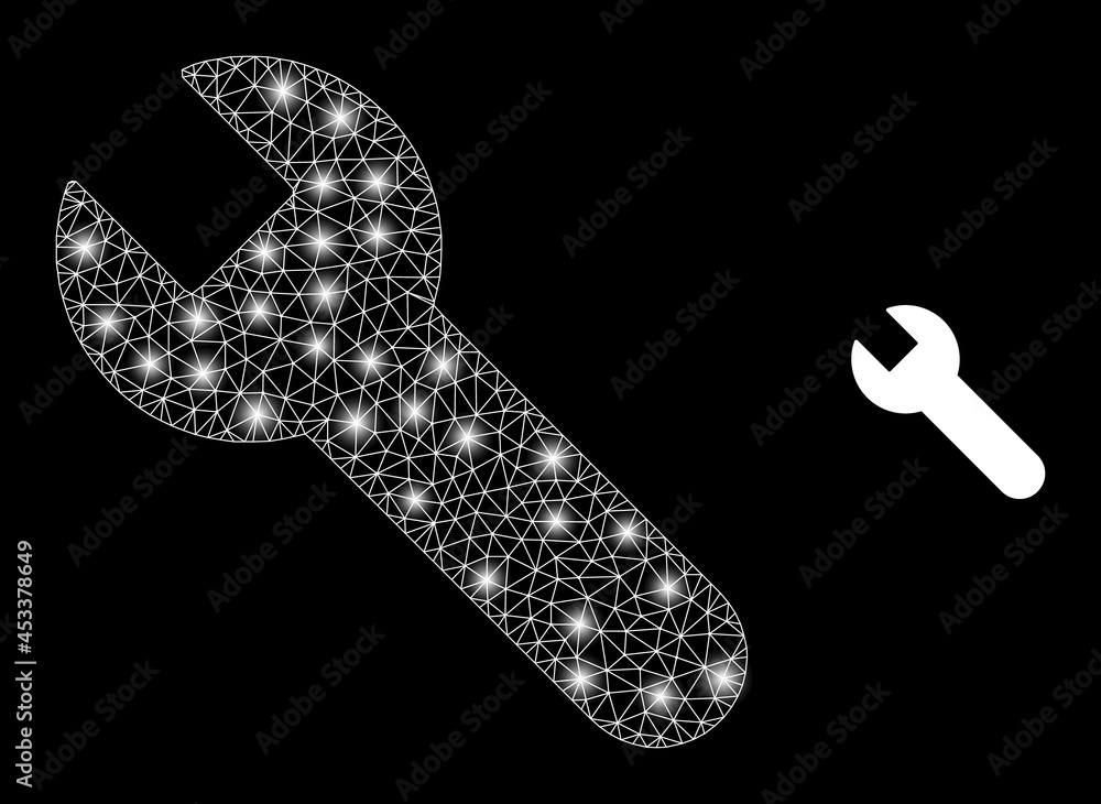 Magic mesh vector wrench with glow effect. White mesh, bright spots on ...