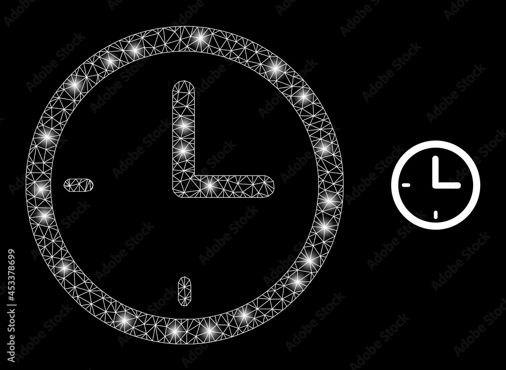 Bright mesh vector clock with glare effect. White mesh, flash spots on ...