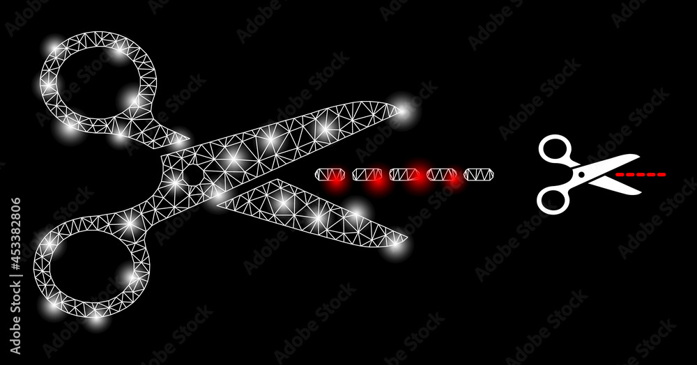 Glossy mesh vector scissors line with glare effect. White mesh, glare ...