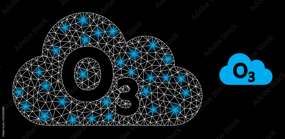Magic mesh vector ozone gas with glare effect. White mesh, light spots on a black background ...