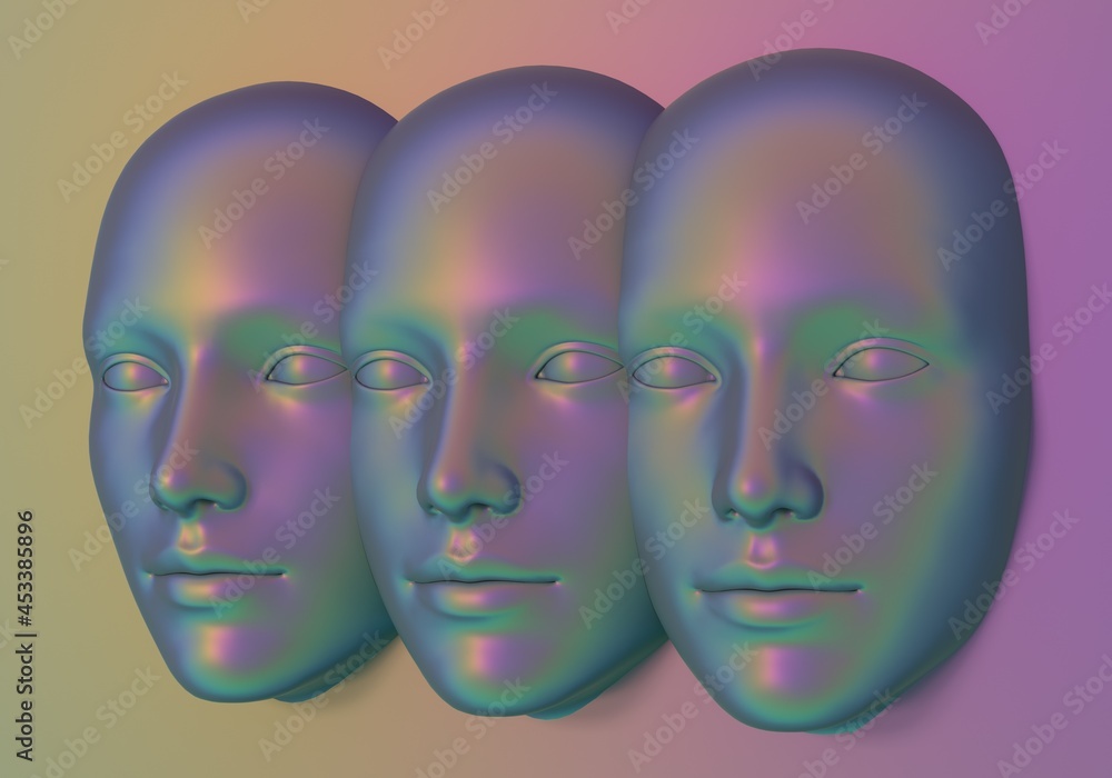 Surreal 3d illustration of multiple faces in a wall. Concept of AI and ...