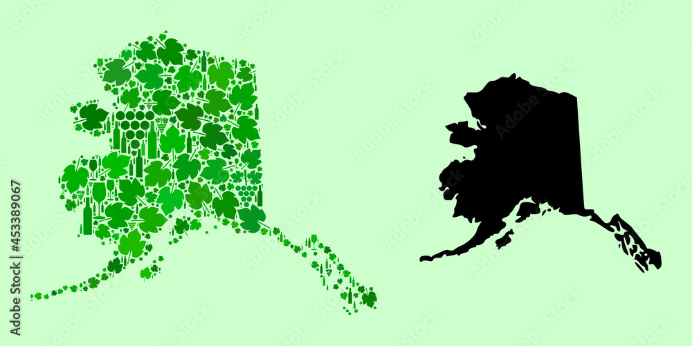 Vector Map of Alaska State. Collage of green grape leaves, wine bottles ...