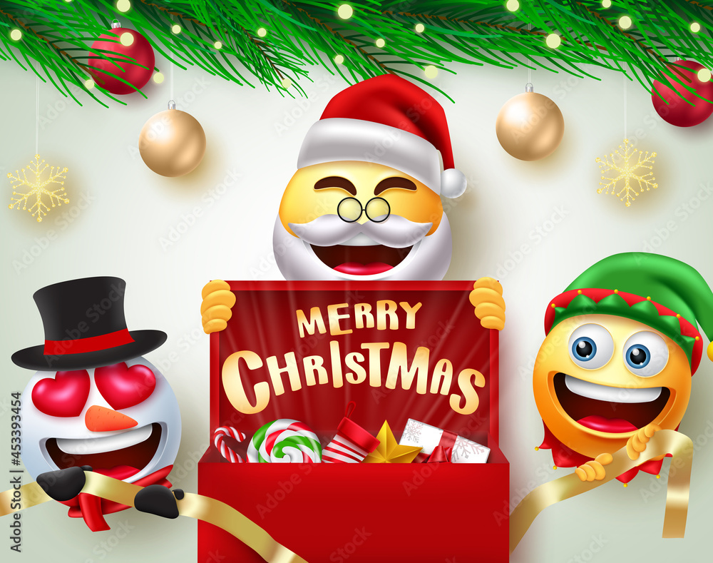Christmas smiley characters vector design. Merry christmas text with ...